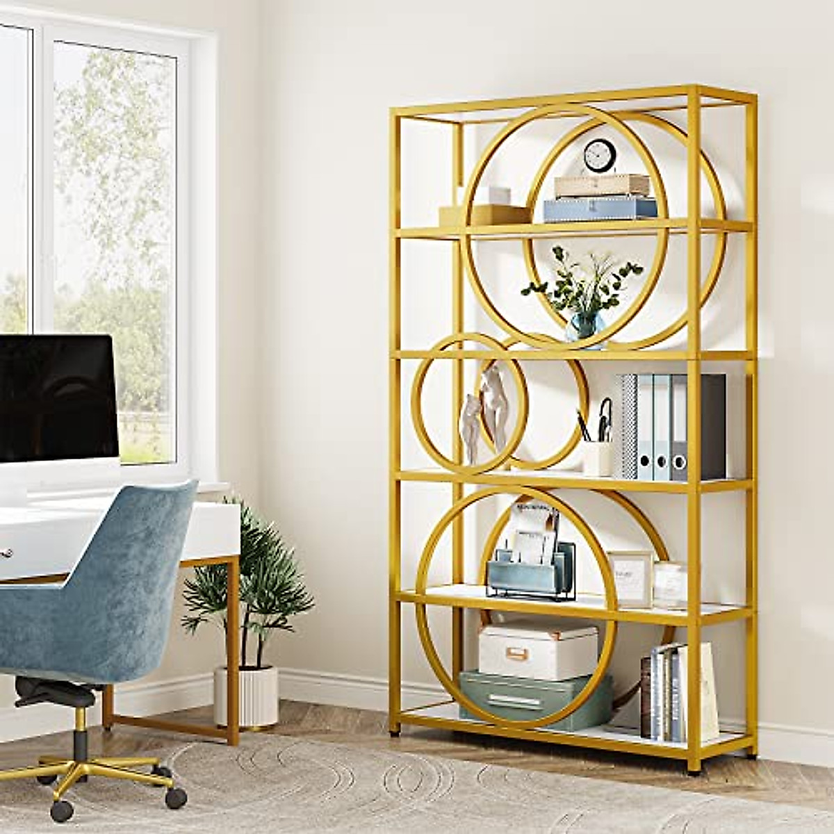 Tribesigns 5-Tier Bookshelf, 71" H Gold Book Shelf Large Bookcases and Bookshelves with Chic Circular Design, Tall Open Display Shelf Storage Rack for Home Office Living Room, Bedroom, White&Gold