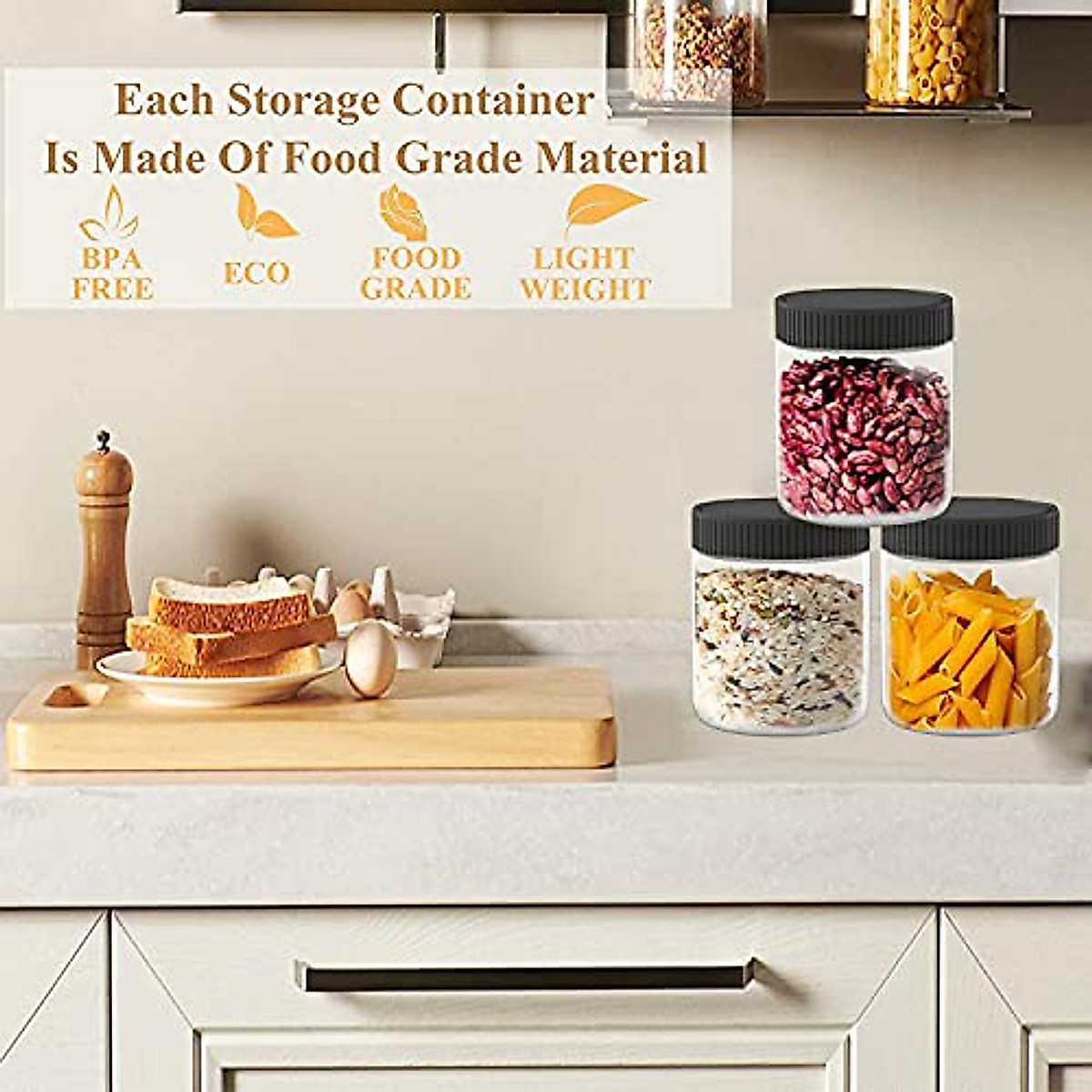 8 Oz Clear Plastic Jars with Black Lids Refillable Kitchen Storage Containers for Dry Food, Coffee, Nuts and More, 3 Pack