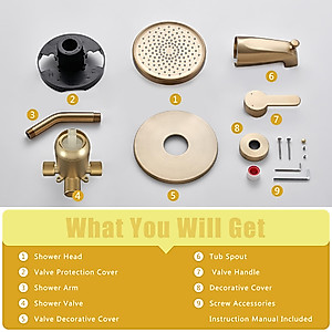 Tohlar Gold Shower Faucet Set with Tub Spout, Bathtub and Shower Faucet Combo Kit, 6-Inch Rain Shower Head and Faucet Set with Valve, Brushed Gold