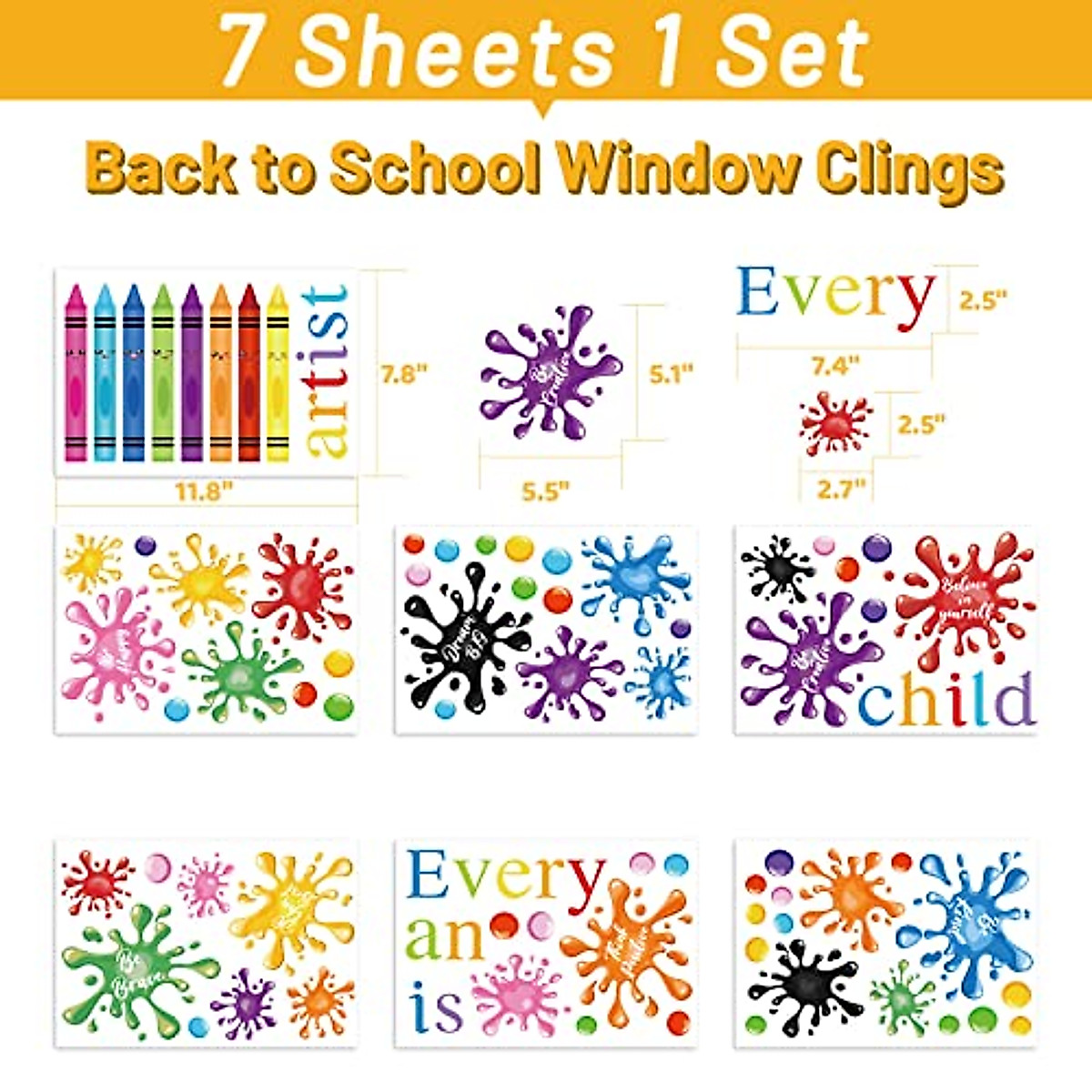 GreenPine 7 Sheets Inspirational Quotes Window Clings Stickers Every Child Is an Artist Colorful Paint Splatter Back to School Positive Sayings Home Bedroom Living Room School Classroom Nursery Playroom Decoration​