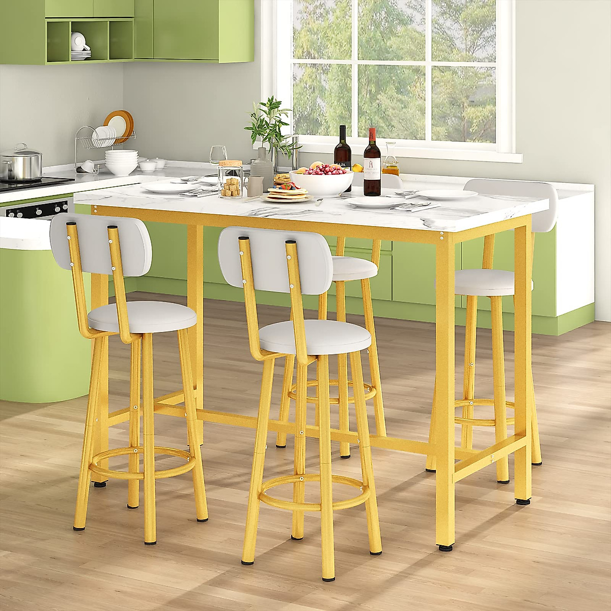 Recaceik Dining Table Set, 43.3” Rectangle Pub Bistro Dining Set Kitchen Table Set Bar Table with Backrest Stools, 5-Piece Breakfast Table Set with Metal Frame for Dining Room w/ 4 Chairs-Gold