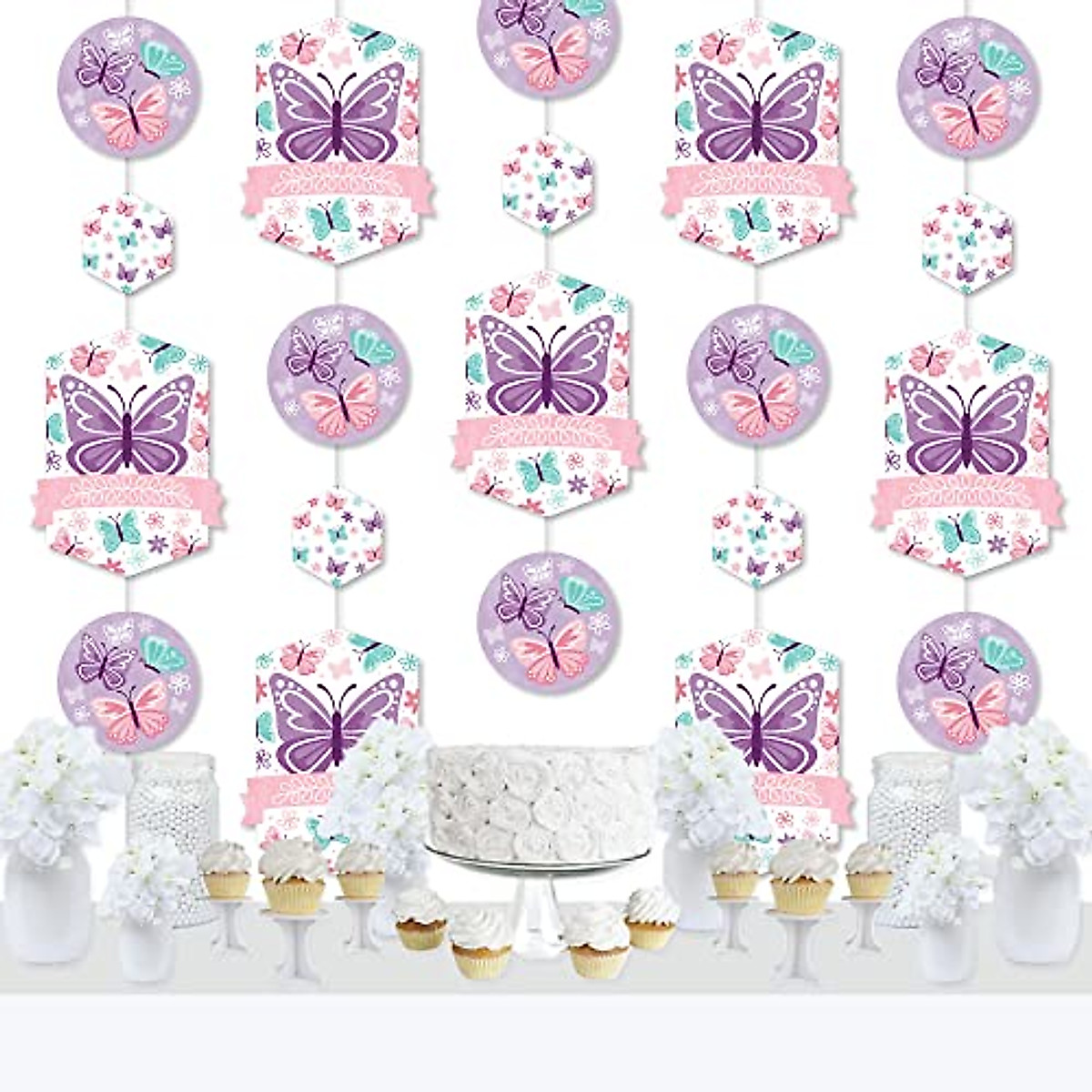 Big Dot of Happiness Beautiful Butterfly - Floral Baby Shower or Birthday DIY Dangler Backdrop - Hanging Vertical Decorations - 30 Pieces