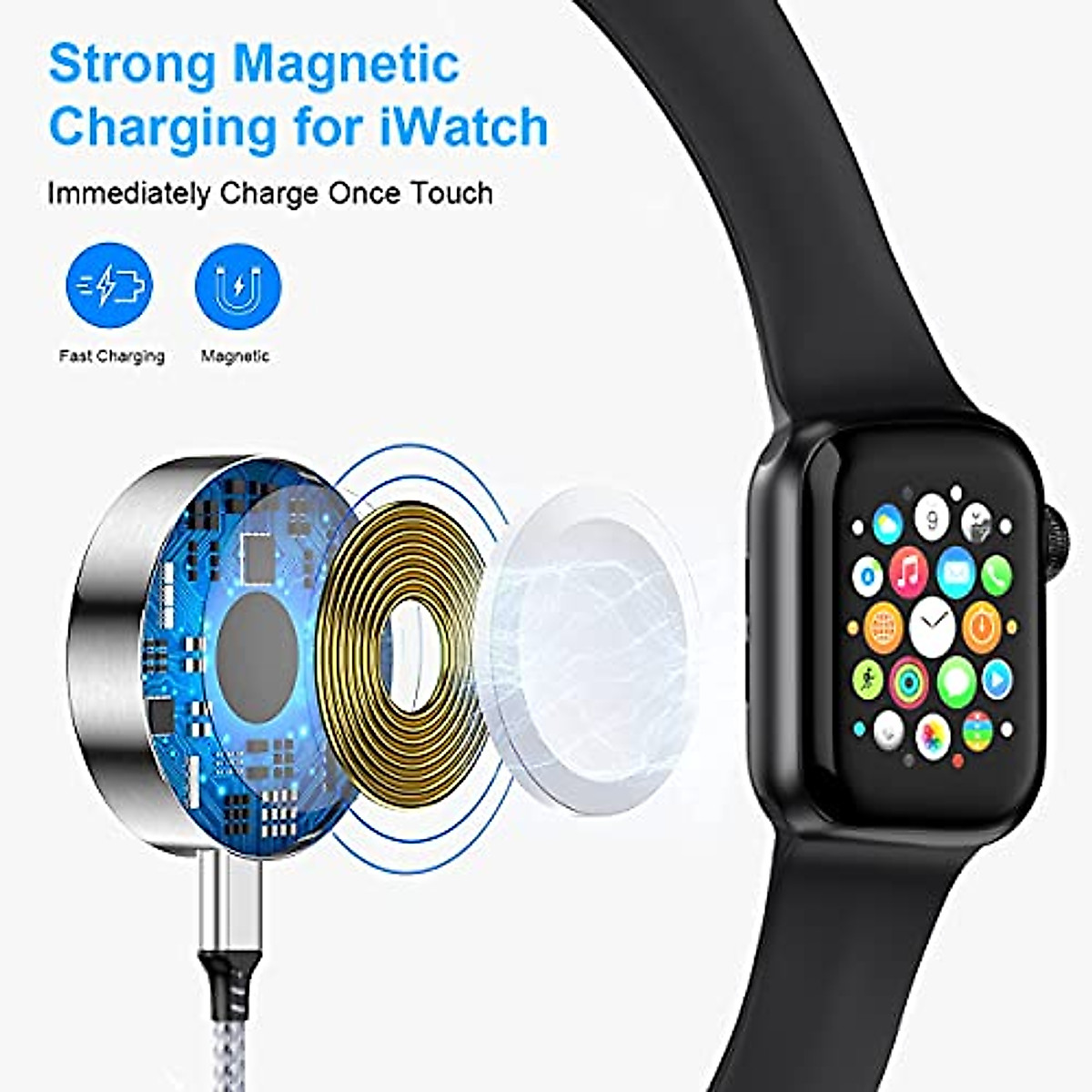 5 in 1 Smart Watch Charger Cable 6FT Magnetic iWatch Charger Multi Charging Cable with Lightning*2+Type C Nylon Braided iPhone Charger for Apple Watch Series 7/6/5/4/3/2/1/SE/iPhone/iPad/Samsung/Andr
