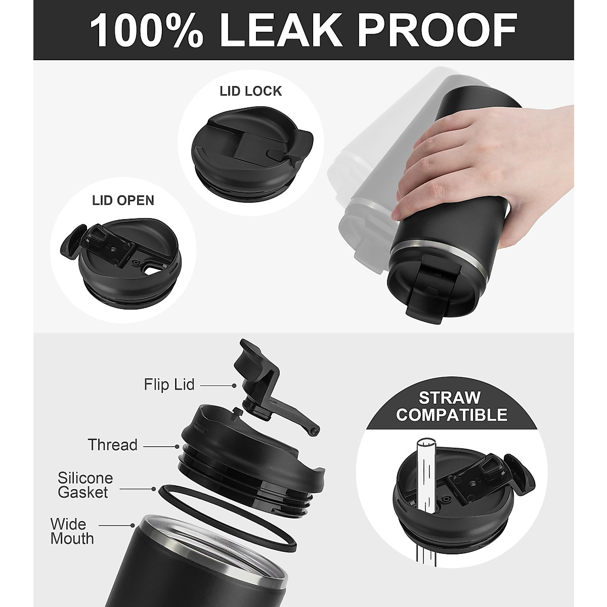 SUNWILL Coffee Tumbler Cups, Insulated Coffee Mug with Lid, 16 oz Stainless Steel Travel Coffee Cup, Powder Coated Black