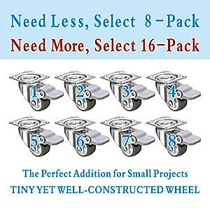 8 Pack 1 inch Low Profile Casters (d=1", h=1-1/2"), Small Wheels for Furniture Locking Casters with Swivel Top Plate (1-1/2"×1-1/4"), Mini Rubber Castor Wheels Protect Wood Floors, with 32pcs Screws