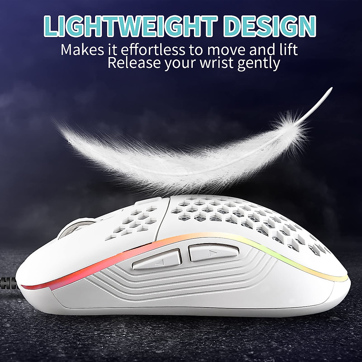 LETGOALL Lightweight Honeycomb Gaming Mouse, High Precision 7200DPI Optical Sensor, RGB Backlight, Wired, Ergonomic USB Computer Mouse for PC, Mac, Laptop (White)