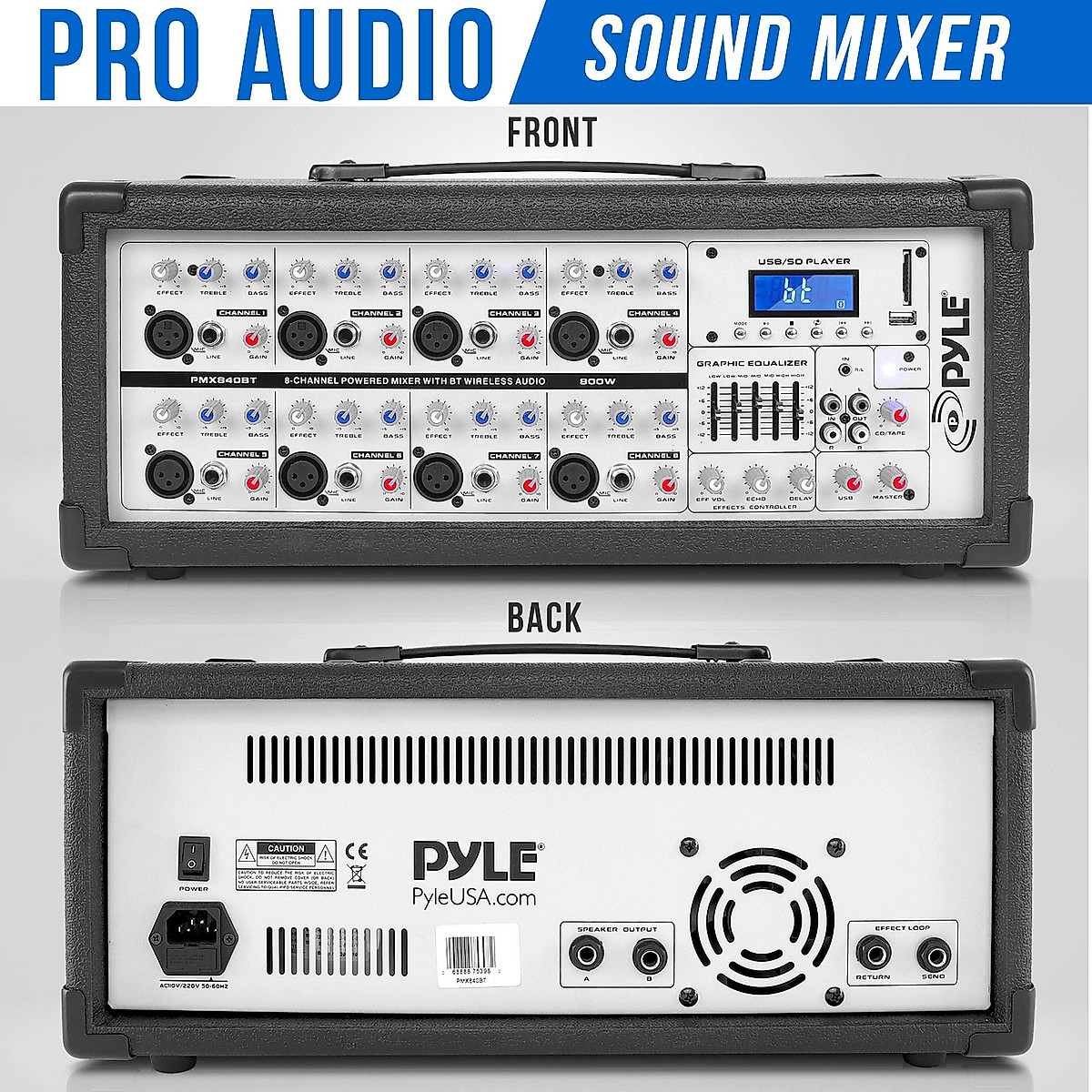 Pyle 8-Ch. Bluetooth Stage Powered Mixer - 800W Pro Audio Sound Mixer, MP3/USB/SD Readers, Aux(3.5mm) Input, RCA & 1/4'' Effects Loop Connectors, Digital LCD Display, Built-in Cooling Fan - PMX840BT