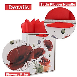 Qirrmiy 13” Large White Gift Bag Set with Greeting Card and Tissue Paper (Watercolor Red Flowers) for Celebrating Birthdays, Weddings, Anniversaries, Mother's Day - 10.2”x5.2”x13”, 1 Pcs.