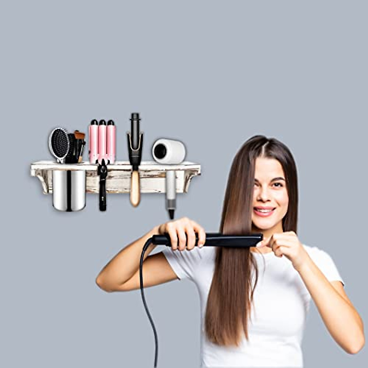 Hair Dryer Holder Wall Mounted Blow Holder Bathroom Hair Tool Organizer, Hair Styling Care Tool Organizer, Rustic Wood Beauty Appliance for Flat Iron, Curling Wand, Hair Straighteners（Rustic White ）