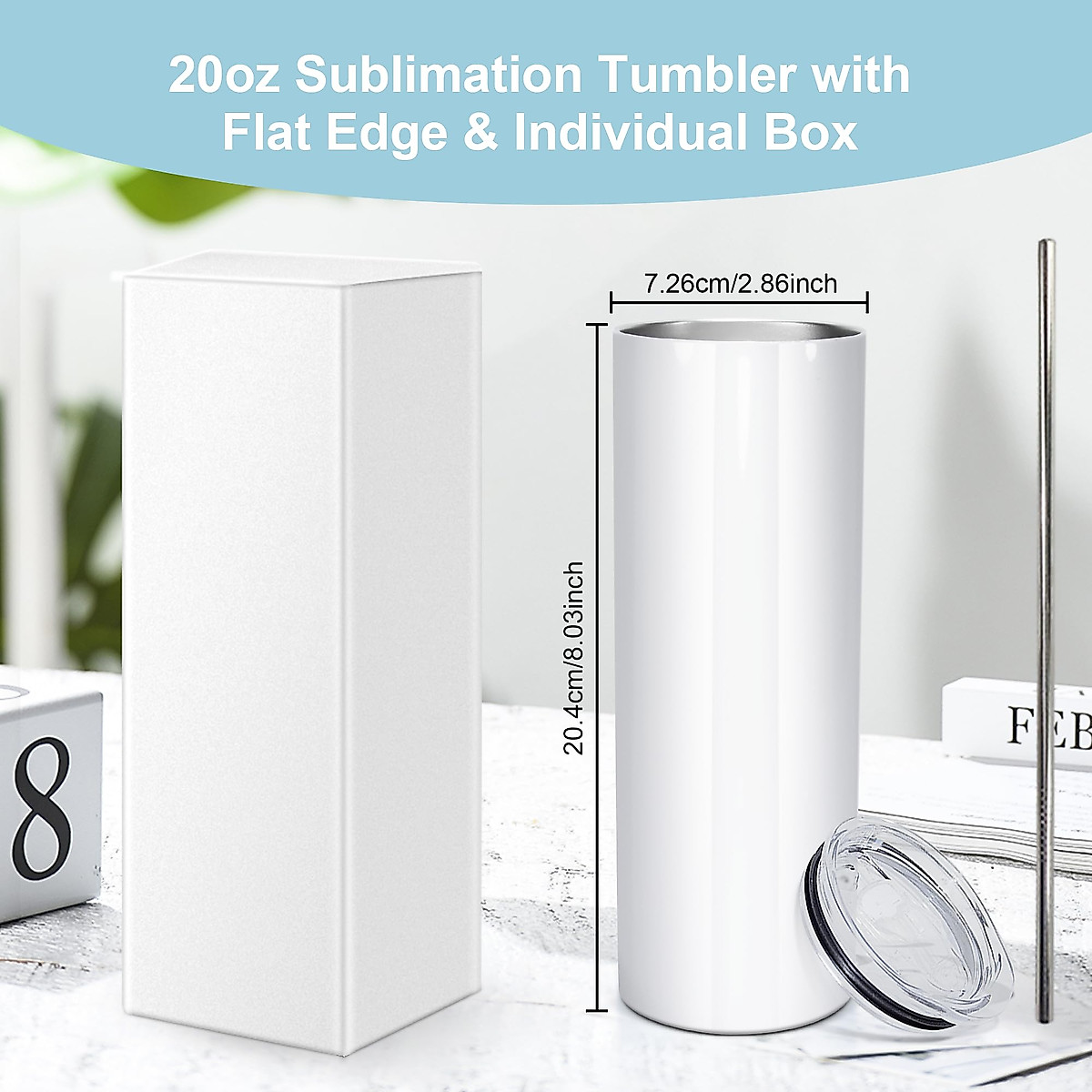 Icesip 50 Pack Sublimation Tumblers Blank 20 oz Straight Skinny Tumbler with Metal Straws Rubber Bottom Individually Boxed Sublimation Cups Wholesale Blank White for Heat Transfer