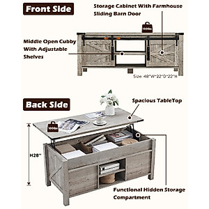 OKD 48" Farmhouse Lift Top Coffee Table with Sliding Barn Door, Rustic Center Table w/Hidden Storage Compartment, Lift Tabletop Dining Table w/Adjustable Shelf for Living Room,Light Rustic Oak