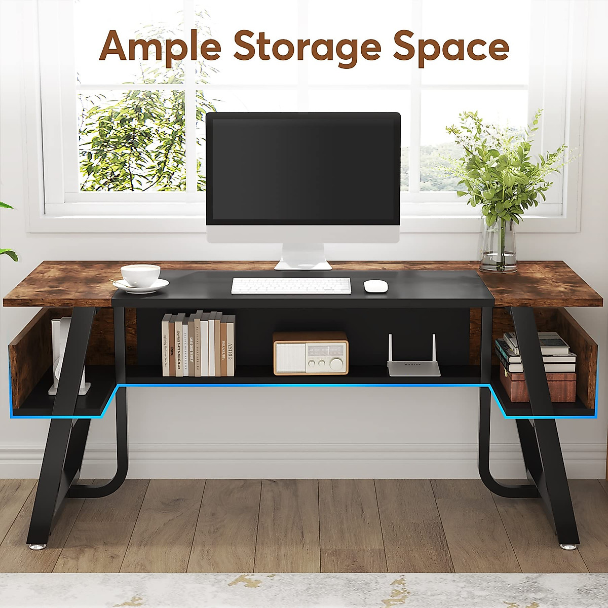 Tribesigns 63 inch Computer Desk Modern Office Desk with Shelf for Home Office, Large Writing Table Wood Business Workstation with Storage Shelves and Sturdy Metal Frame for Study Bedroom, Black Brown