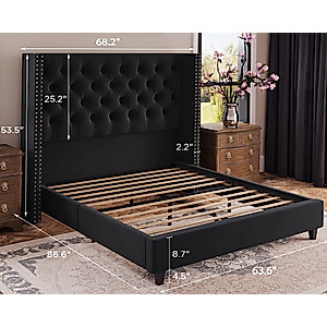 Jocisland Queen Bed Frame Wingback Headboard Upholstered Bed Velvet Tufted Deep Button/No Box Spring Needed/Easy Assembly/Black