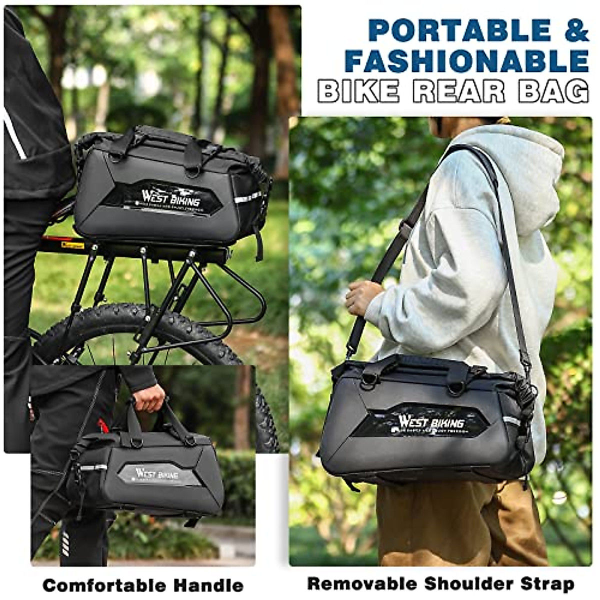 West Biking Bike Rack Bag - 3 in 1 Bicycle Trunk Pannier Bag, 13L/24L Capacity Bike Rear Seat Bag with Waterproof Carbon, Bicycle Rack Rear Carrier Bag with Shoulder Strap (Black)