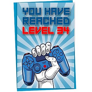 34th Birthday Card, You Have Reached Level 34, Greeting Card for Thirty-Four Year Old Gamer Birthday Gift for Adult Son or Daughter, For Him Her Grandson Granddaughter, Blue