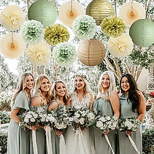 Sage Green Party Decorations Cream Paper Fans Gold Tissue Paper Pom Poms Paper Lanterns Sage Green and Gold Party Decorations for Baby Shower Bridal Shower Birthday Wedding Engagement Party