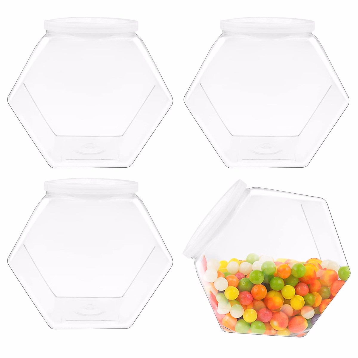 4 PCS Plastic Candy Jars Cookie Jars, Hexagon with Airtight Lids Clear Candy Jar Wide Round Mouth Snacks Candy Containers Reusable Coffee Candy Display for Gifts and Storage