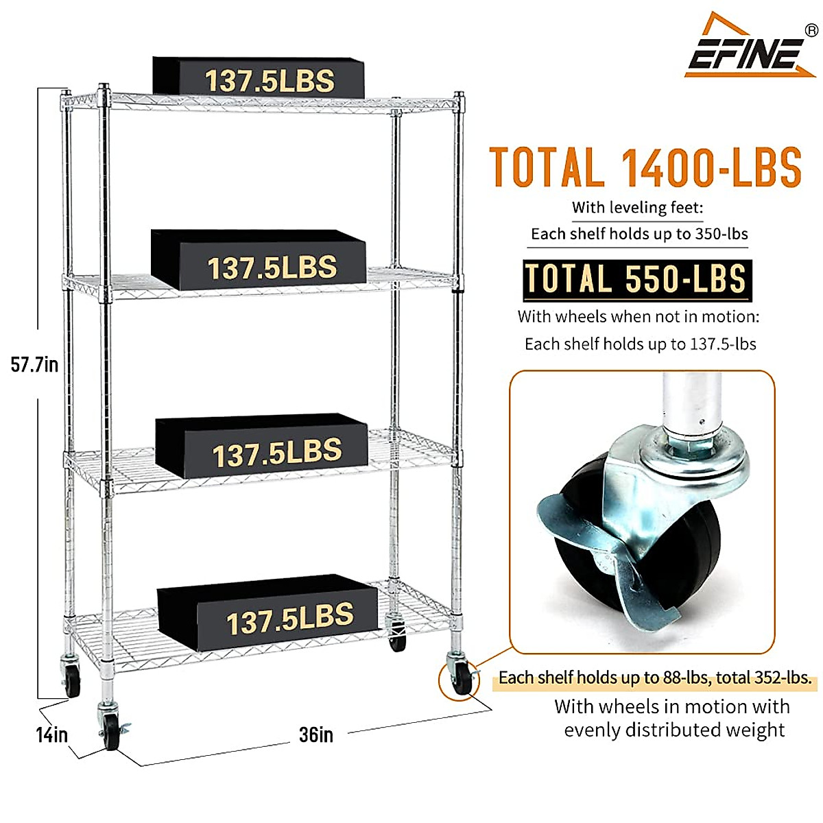 EFINE Chrome 4-Shelf Shelving Units and Storage on 3'' Wheels with 4 Shelf Liners, Adjustable Heavy Duty Steel Wire Shelving Unit for Garage, Kitchen, Office (36W x 14D x 57.7H) Pole Diameter 1 Inch