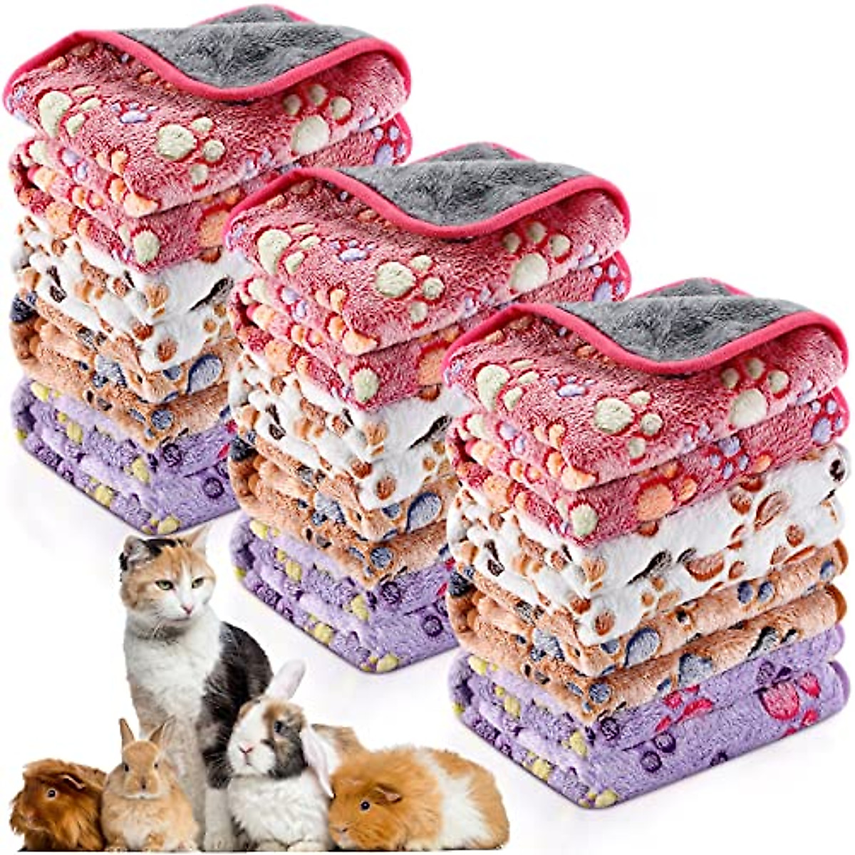 Newwiee 12 Pcs Bulk Waterproof Guinea Pig Blankets Small Animal Flannel Throw Bedding Absorbent Guinea Pig Cage Liners PET Pee Pad Sleep Mat Pad Cover for Hamster Rabbit Puppy (Paw,14'' x 28'')
