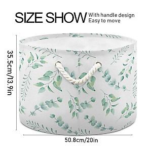 ALAZA Large Storage Basket for Toys Eucalyptus Leaf Green Tropical Plant Round Blanket Basket Laundry Hamper Canvas Organizer Bin Box Cotton Rope Collapsible Bucket Pillow Home Decor