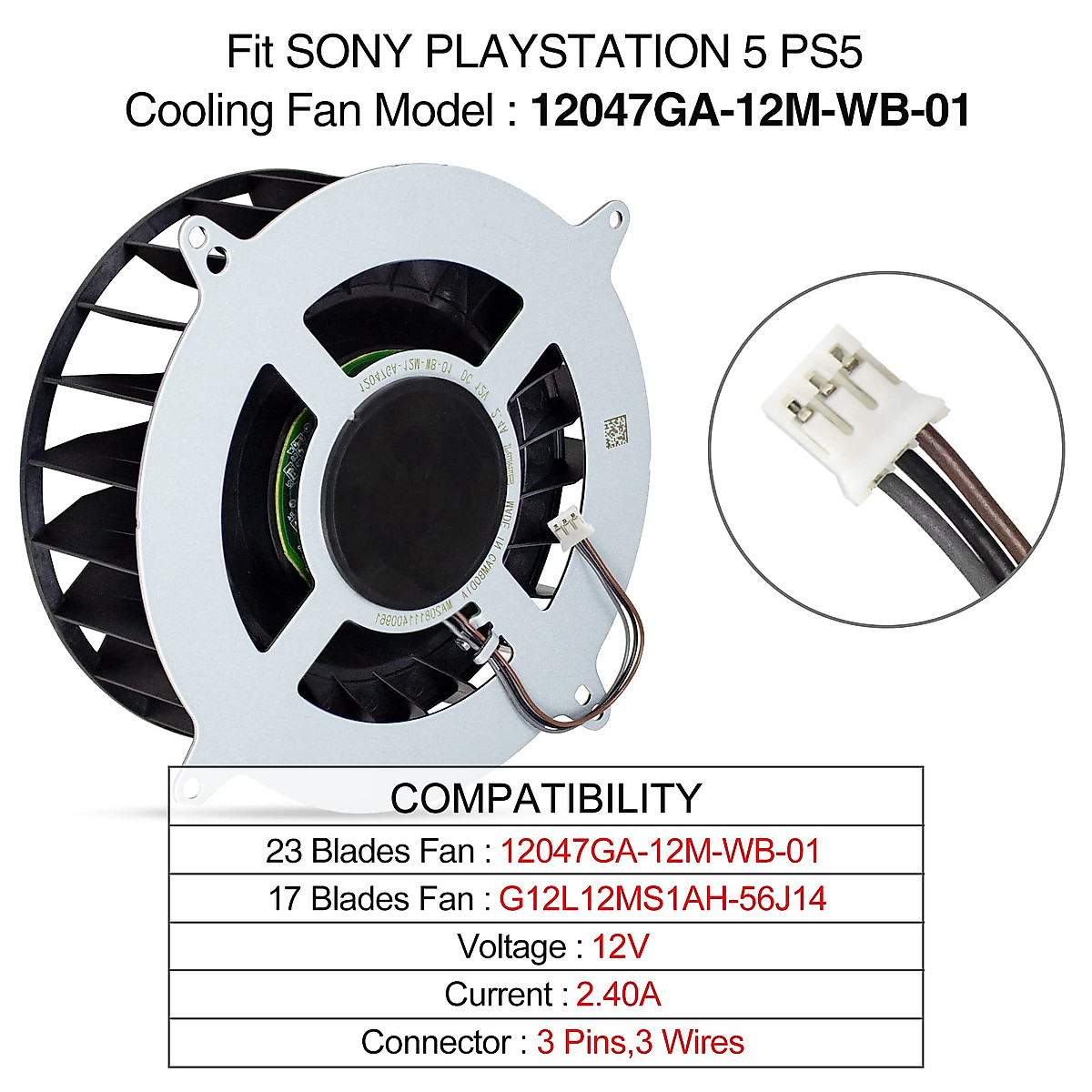YEECHUN PS5 Fan Replacement for Sony PlayStation 5 Series Internal Cooling Fan 12047GA-12M-WB-01 12V 2.4A 23 Blades Fan General 17 Blades G12L12MS1AH-56J14 Fan Cooler Cooling Fan with T8 Screwdriver