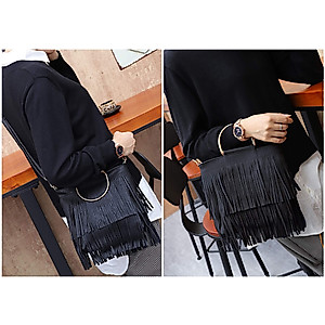 CHIC DIARY Women's Crossbody Bag Leather Tassel Shoulder Handbag Clutch Purse (Black)