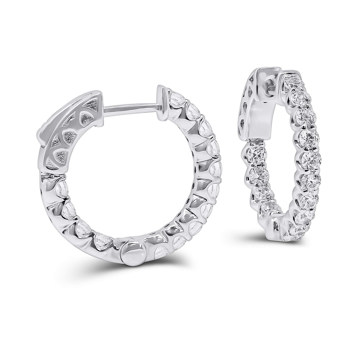 Oro Leoni 925 Sterling Silver CZ Huggie Earrings. Rhodium Plated with Round Cubic Zirconia. 1.5cm Diameter