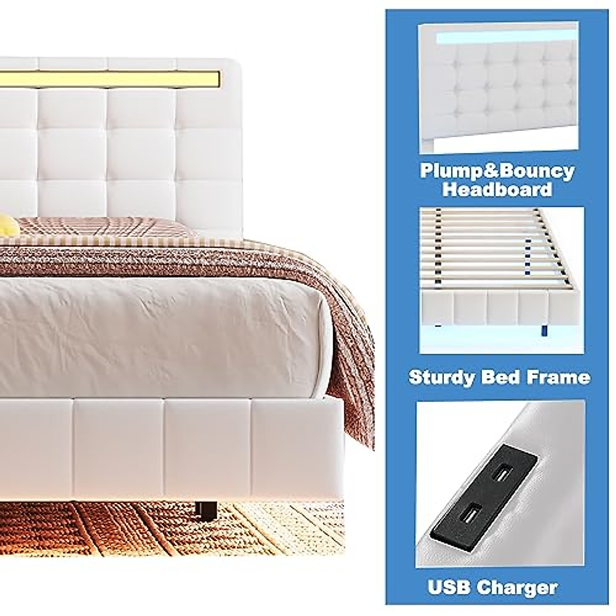 Linique Queen Size Wooden Floating Bed Frame with LED Lights and USB Charging,Modern PU Upholstered Platform LED Bed Frame with Headboard,White
