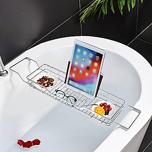 YQh Adjustable Tub Rack, 304 Stainless Steel Bathroom Tray, Multi-Function Tub Organizer with Adjustable Reading Rack, for Tablet or Cell Phone