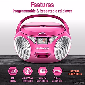 Magnavox MD6924 Portable Top Loading CD Boombox with AM/FM Stereo Radio in Black | CD-R/CD-RW Compatible | LED Display | AUX Port Supported | Programmable CD Player | (Pink)