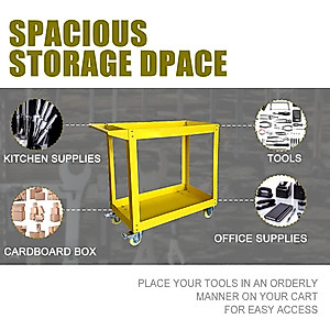 HPDMC 30in Large Steel Service Cart - Utility Carts with Wheels - 2 Shelf - Metal - 300 lbs Capacity - Shop Rolling Tool Carts - Yellow