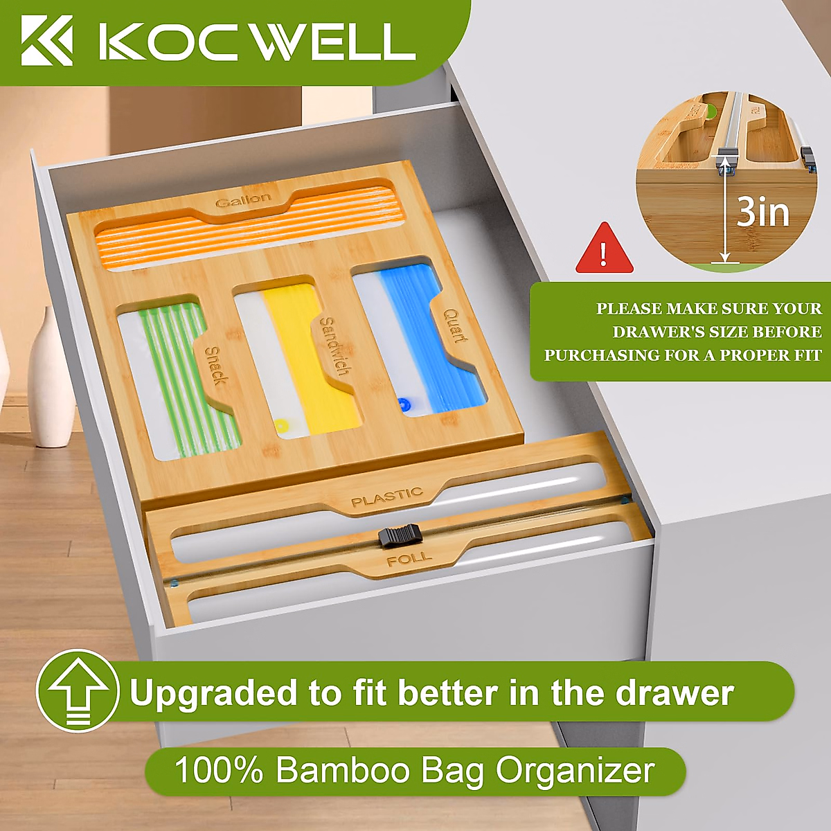 KOCWELL Bamboo Bag Storage Organizer - 2 Wrap Dispenser with Cutter & 4 Slots Food Storage Bags Container - Kitchen Drawer Plastic Bags Storage Organization for Gallon Quart Sandwich Snack Bags