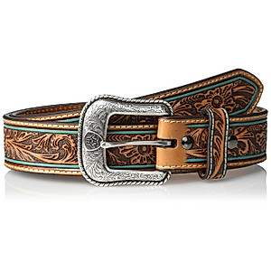 Ariat Men's Floral Center Tirquoise Edge Western Belt, Tan, 34
