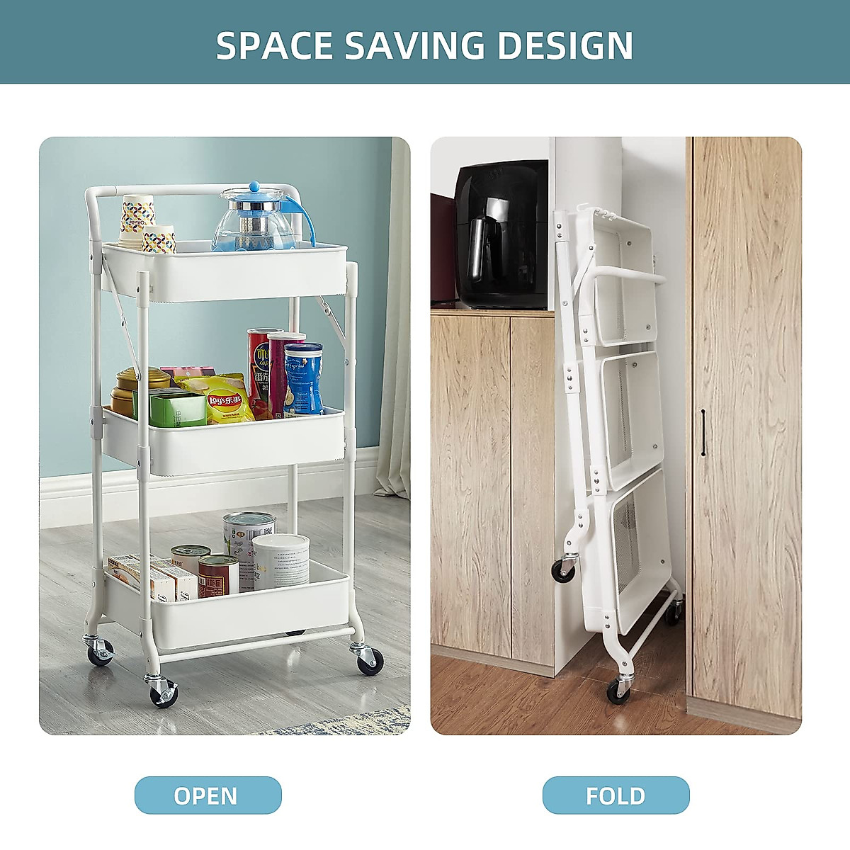 Amatic 3 Tier Foldable Metal Rolling Cart, Collapsible Rolling Storage Organizer with Wheels, Folding Laundry Utility Cart for Kitchen & Office, Include 3 Hanging Cups & 6 Hooks (White)