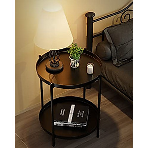 EKNITEY 2 Tier End Table - Metal Side Table Waterproof Small Sofa Coffee Side Tables Bedroom Indoor Outdoor with Removable Tray for Living Room Bedroom Balcony and Office (Black)