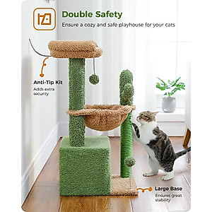 PEQULTI 4-in-1 Cactus Cat Tree, 33'' Cat Tower for Indoor Cats with Large Cat Condo, Cat Scratching Post for Cats with Deep Hammock& Cozy Top Perch,Green