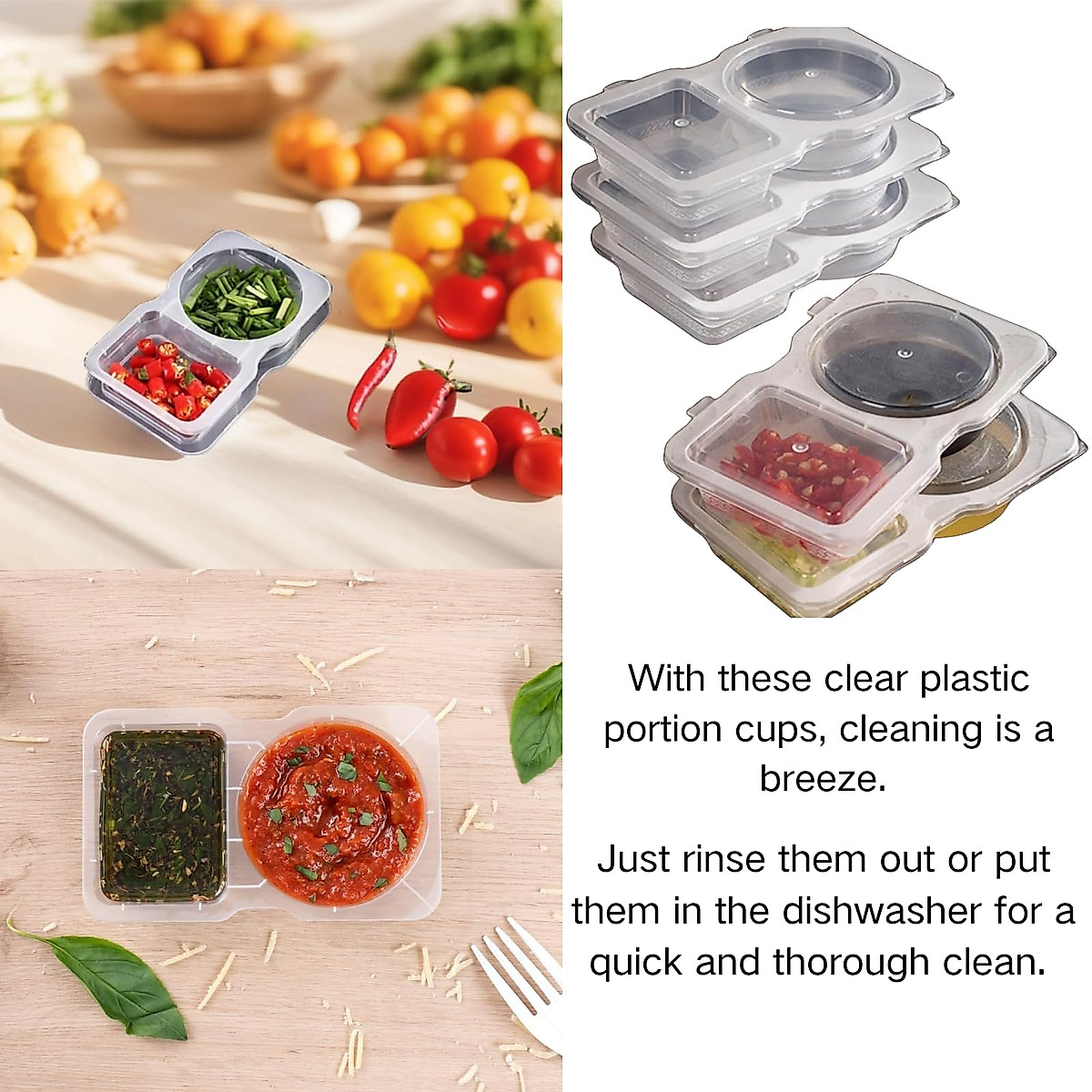 Uioecn 10PCS Double Compartment Condiment Container,Double Compartment Condiment Container with Lids, 2 Compartment Snack Containers, Portable Reusable Sauce Containers