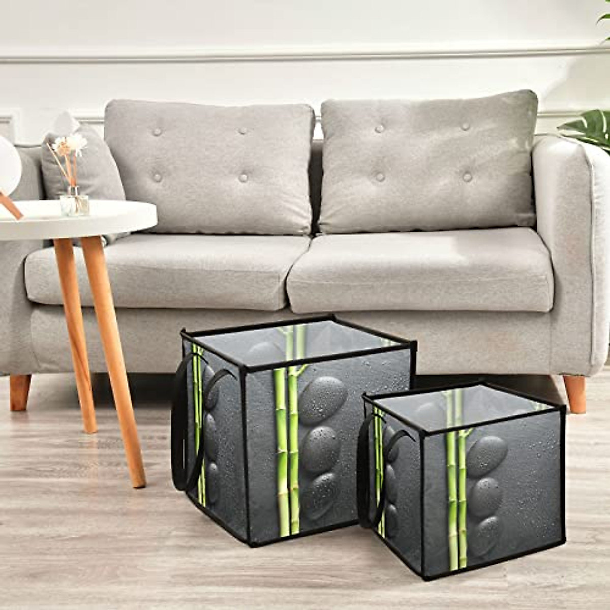 Poeticcity Black Zen Basalt Stones with Dew Green Bamboo on Dark Square Storage Basket Bin, Collapsible Storage Box, Baskets Organizer for Toy, Clothes Easy to Assemble 10.6x10.6x10.6 in