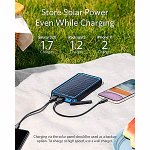 Anker PowerCore Solar 10000, 15W Power Bank 10,000 mAh with Dual Ports, Flashlight, IP64 Splash Proof and Dustproof for Outdoor Activities, Compatible with Smartphones and Other Devices