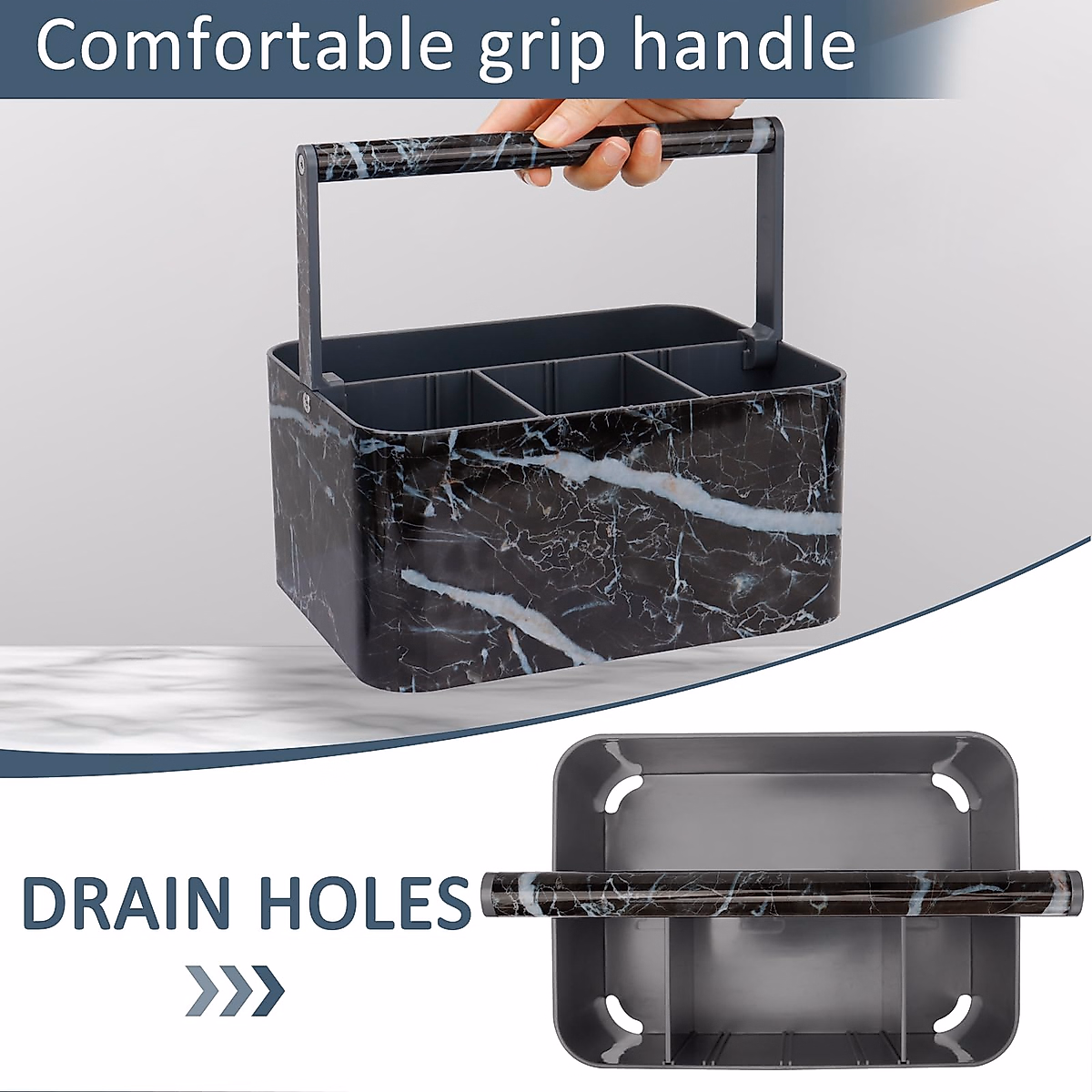 BYUNER Plastic Shower Caddy Dorm: Portable Bathroom Caddy Organizer for College with Handle and Adjustable Divider, Utility Hard Shower Basket Bin Tote for Toiletry,Shampoo,Soap,Cleaning Product Black