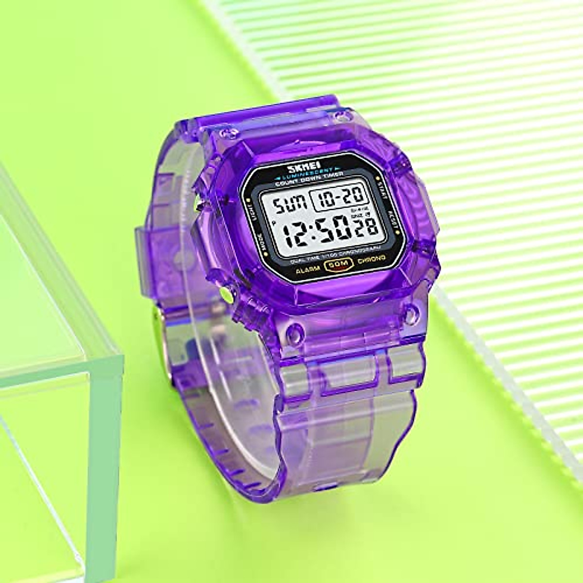 Gosasa Outdoor Sport Unisex Watches Back Light Digital Watches Transparent Multifunctional Wristwatch Casual Style Stopwatch Date 5Bar Waterproof (Purple)