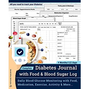 Complete Diabetes Journal with Food & Blood Sugar Log: Daily Blood Glucose Monitoring at Each Meal(Before/After) with Food, Nutrition, Medication/Insulin, Exercise, Activity Tracking & More