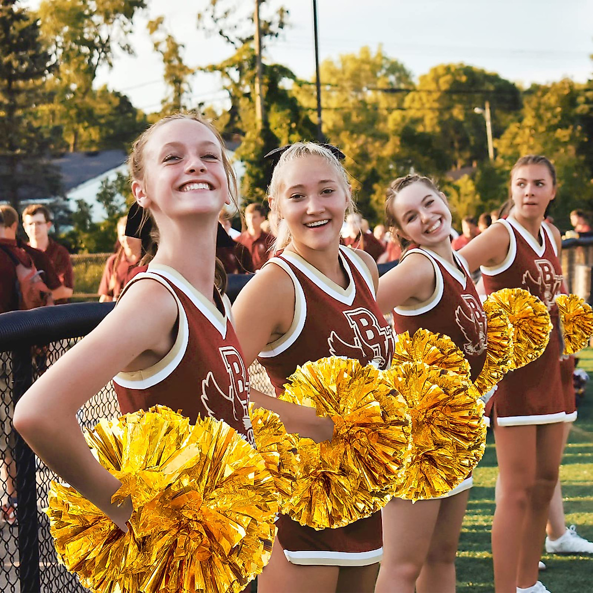 4Pcs Metallic Cheerleading Pom Poms, Creatiee 2 Pair Cheerleader Cheering Squad Pompoms for School Sports Dance Games Team Spirit Cheer (Gold)