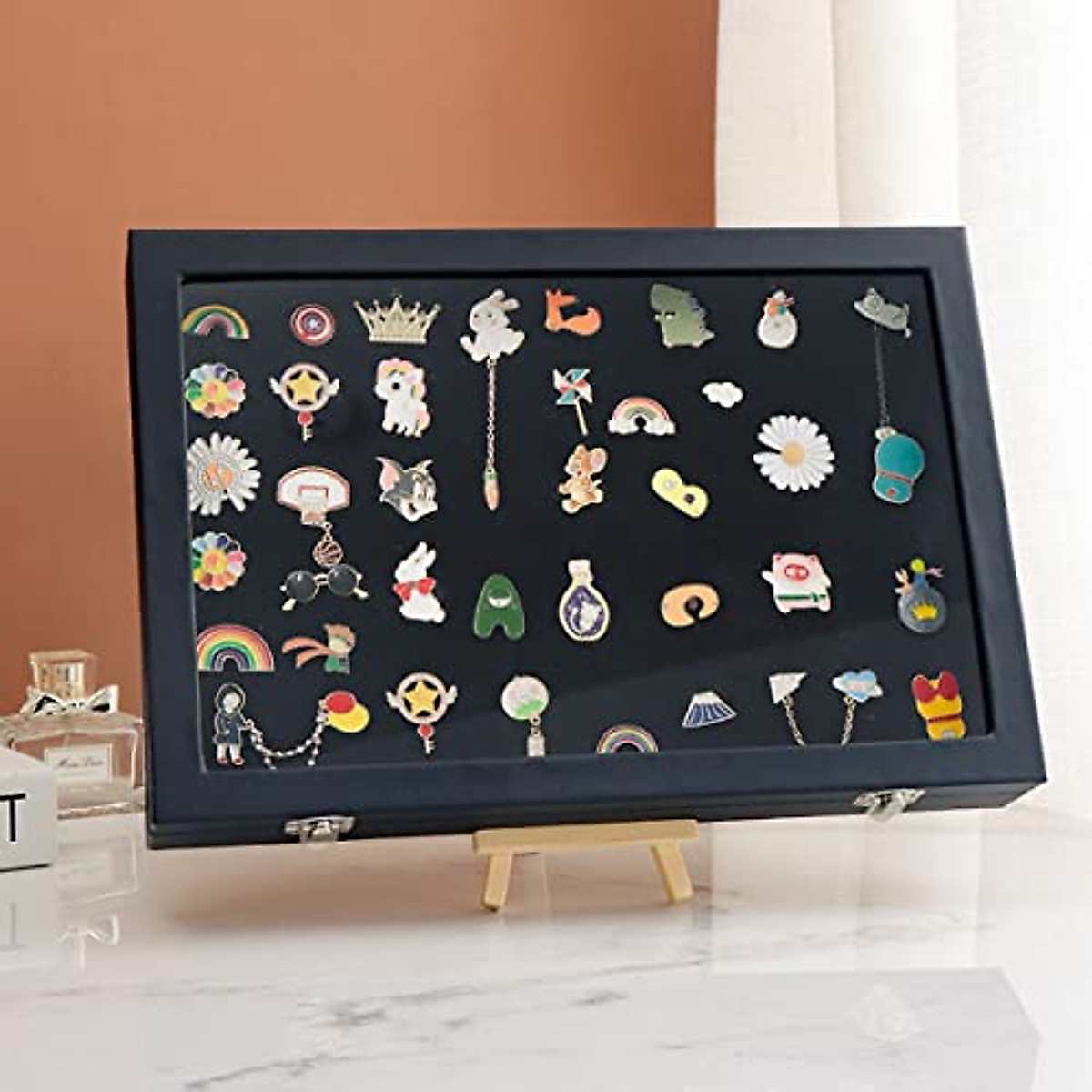Pursuestar Black Dustproof Pin Display Case Shadow Box Frame with Hooks for Military Medal Jewelry Pin Badge Rings Necklaces Bracelets- 11x8 Inch