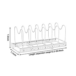 Expandable Pot and Pan Organizers Rack,Pans and Pots Lid Organizer Rack Holder, Kitchen Cabinet Pantry Bakeware Organizer Rack Holder with Adjustable Compartments (WHITE/7Partition)