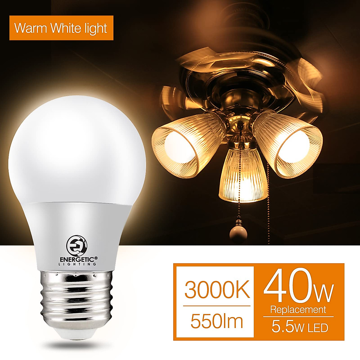 Energetic Lighting LED Refrigerator Bulb 40 Watt Equivalent, 3000K Warm White, Dimmable A15 Ceiling Fan Light Bulbs, E26 Base, UL Listed, 6 Pack