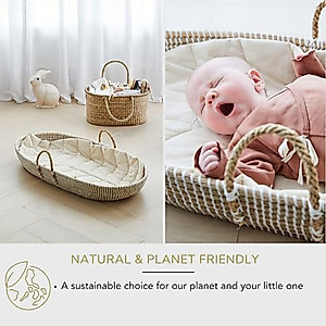 BEBE BASK - Organic Seagrass Baby Changing Basket with Pad - Handmade Baby Moses Basket - Luxury Leaf Liner - Bamboo Jacquard Cover - Vegan Baby Changing Mat - Baby Changing Pad - 30 x 16 x 4 inches
