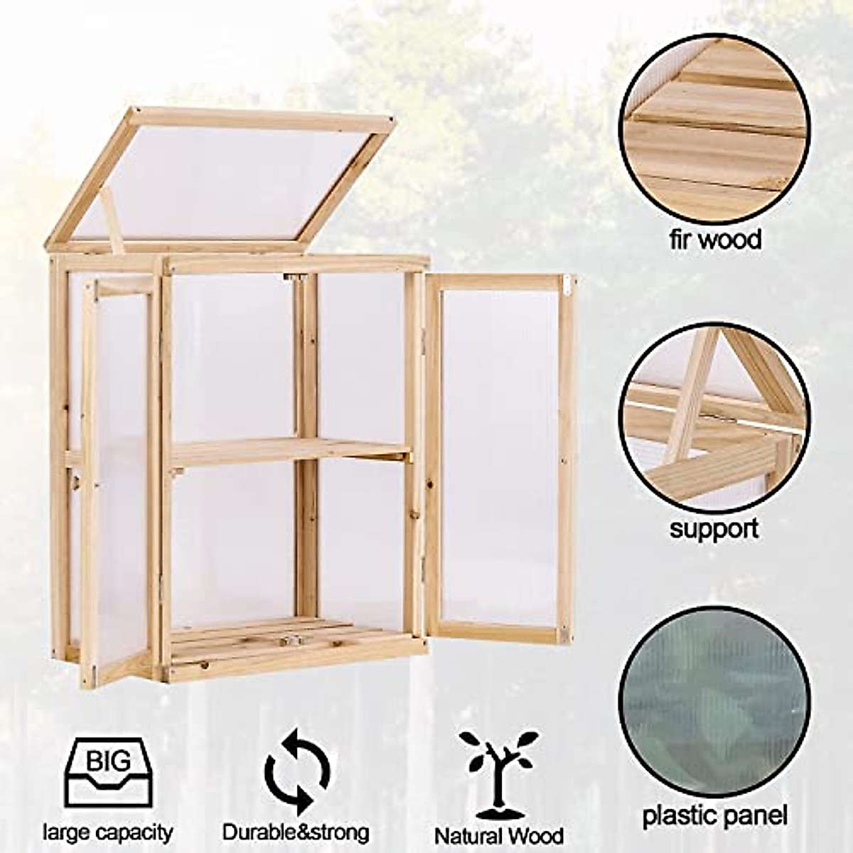 Wooden Cold Frame Greenhouse 2-Tier Garden Mini Nursery Vented Planter Wood Portable Flower Cabinet Front Top Opening Home Decor Indoor Backyard Outdoor 22X14X29