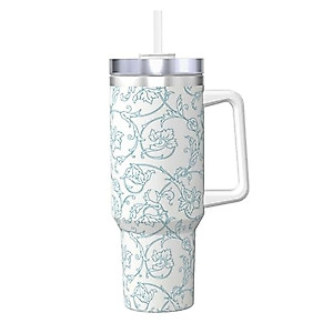 UIANG Cherry Blossom Stainless Steel Triple Layer Insulated Travel Tumbler with Spill Resistant Lid, Straw, and Carry Handle, BPA Free, 40 oz,Seasonal Flower Garden,Blue Pink