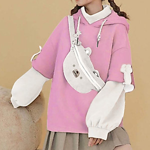 Wkishenl Cute Bear Hoodies For Womens Kawaii Clothes Long Sleeve Aesthetic Sweatshirts Patchwork Shirts With Personality Bag